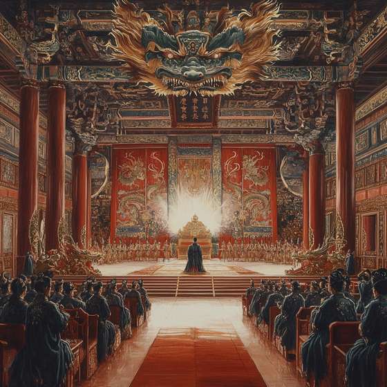 John Guan的文生图作品《康熙做在太和殿接见群臣的》 - 新片场AI创作