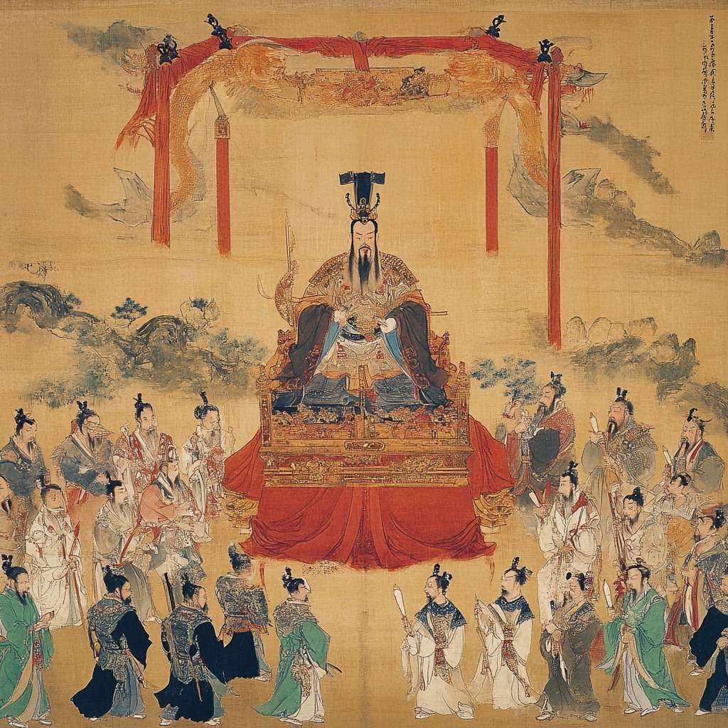 John Guan的文生图作品《秦始皇 做在龙椅上接见群》 - 新片场AI创作