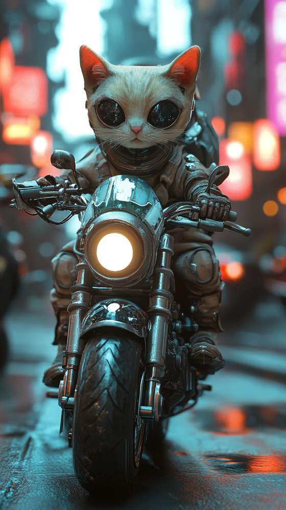 手机用户6950的文生图作品《机甲小猫开摩托车》 - 新片场AI创作